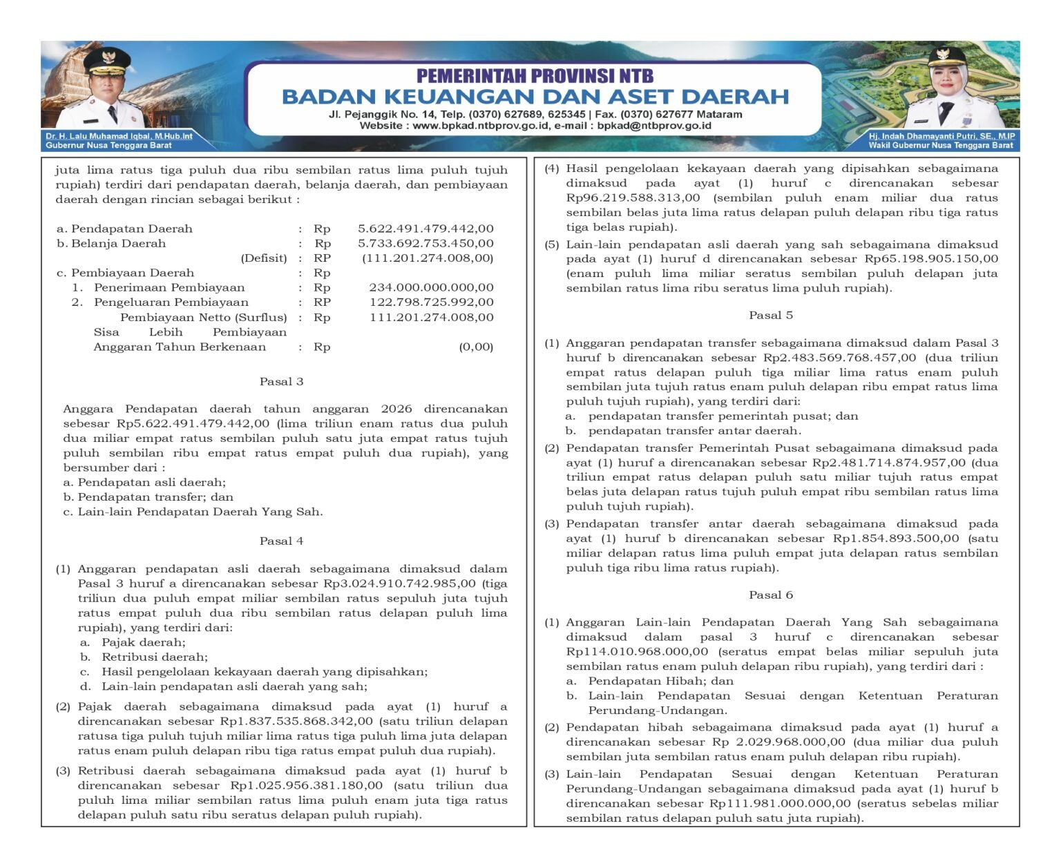 Peraturan Daerah Provinsi NTB Tentang Anggaran Pendapatan dan Belanja ...